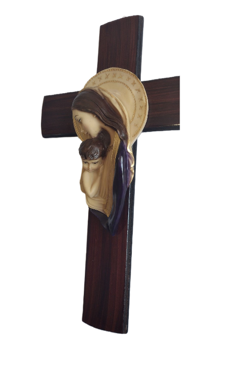 Cruz Con Imagen De Virgen Y Niño En Resina Y Mdf De 20 Pulgadas Cros